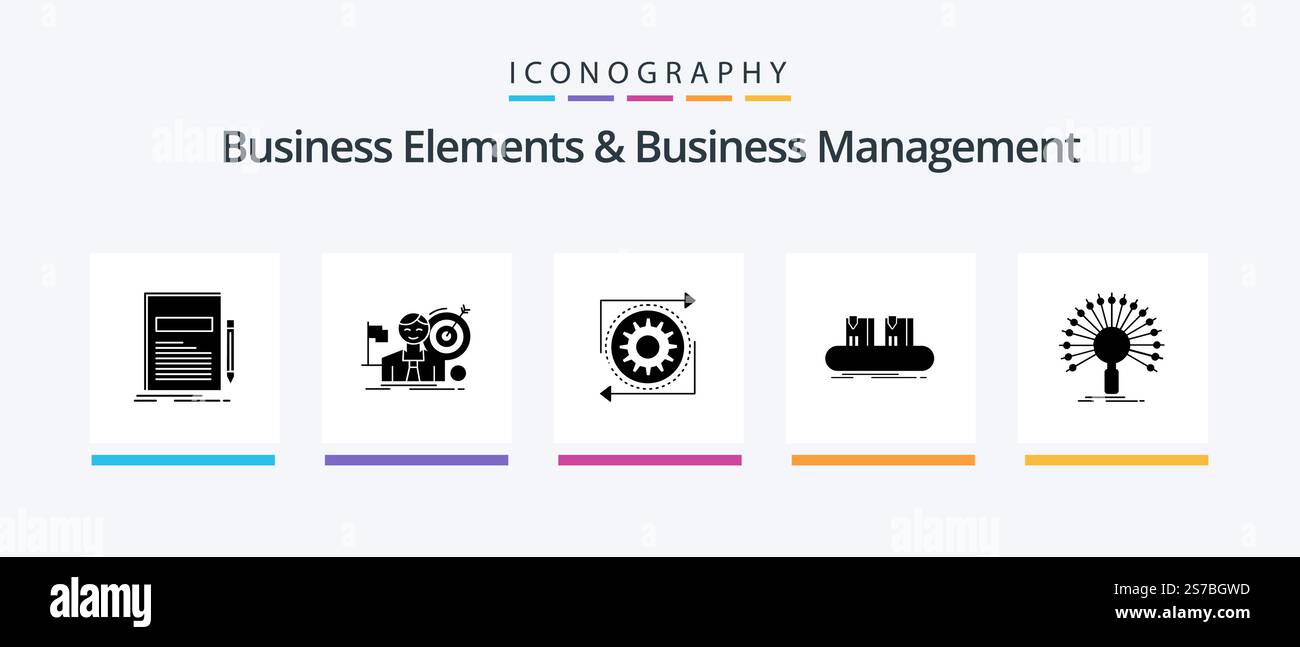Business Elements And Business Managment Glyph 5 Icon Pack Including conveyor. belt. market ...