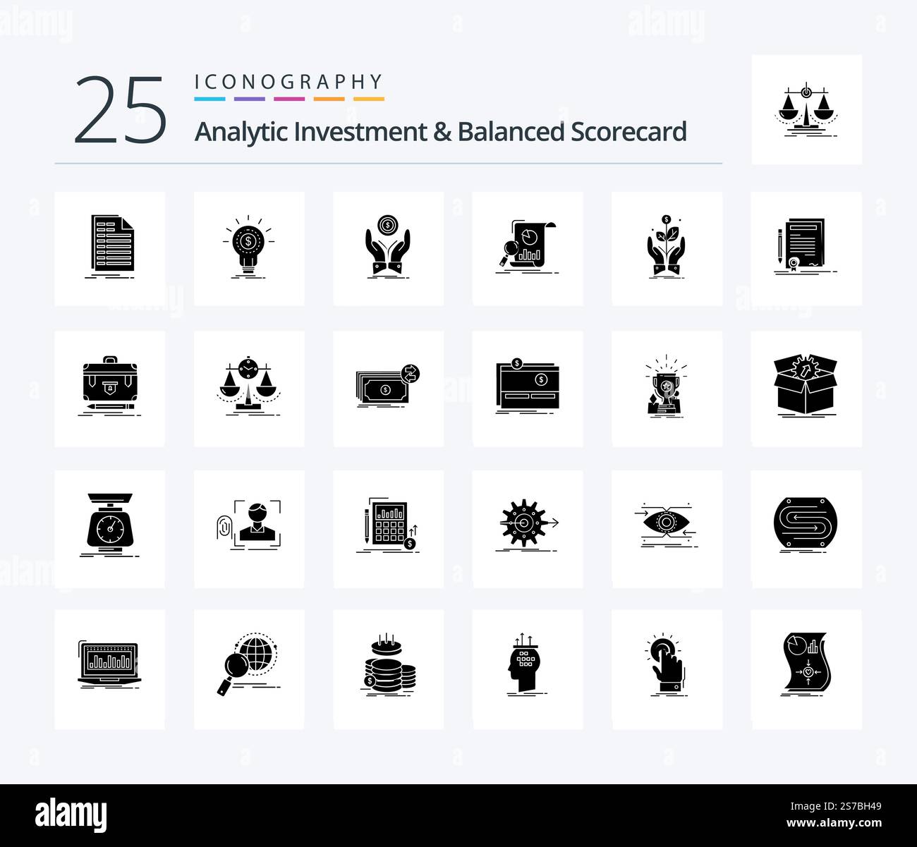 Analytic Investment And Balanced Scorecard 25 Solid Glyph icon pack including business. analysis ...
