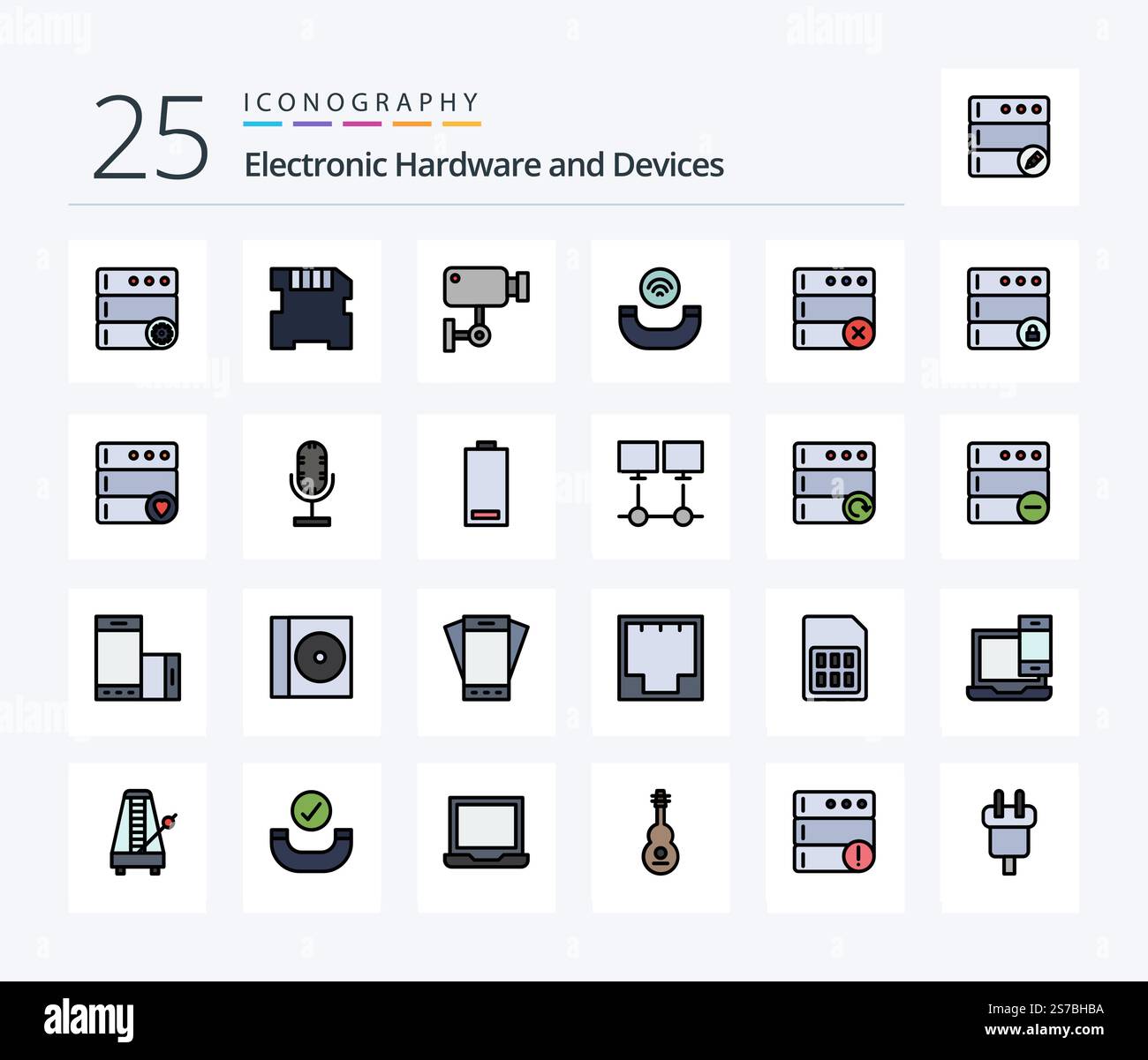 Devices 25 Line Filled icon pack including database. delete. security. database. handset Stock ...