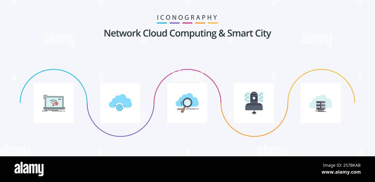 Network Cloud Computing And Smart City Flat 5 Icon Pack Including broadcast. hub. computing ...