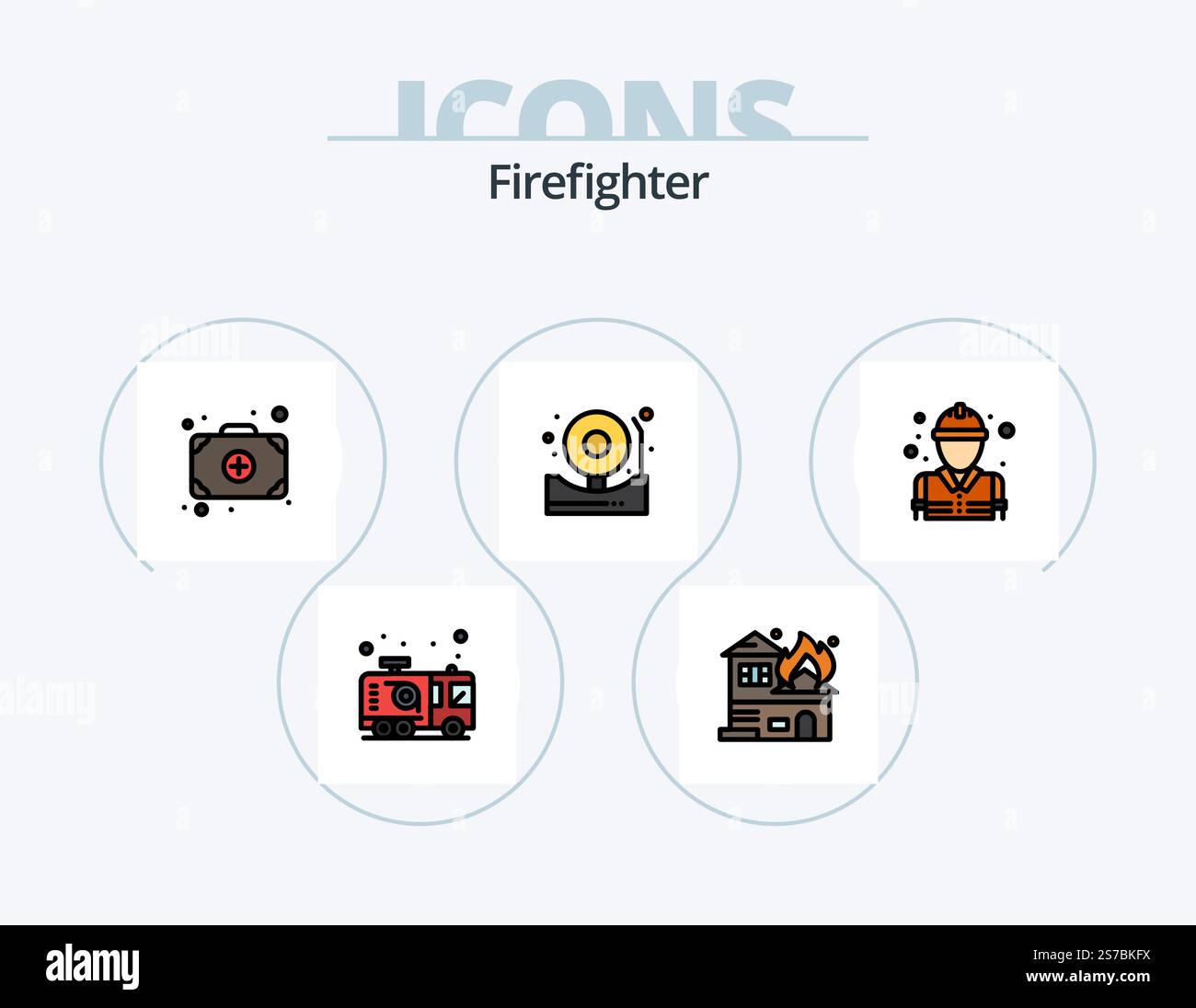 Firefighter Line Filled Icon Pack 5 Icon Design. interior. fire. fire hose. house. fire Stock ...