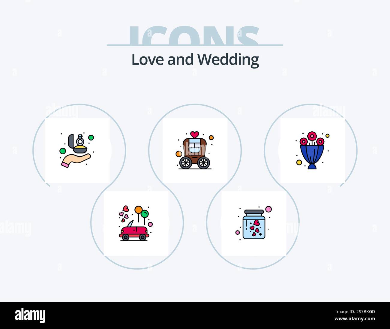 Wedding Line Filled Icon Pack 5 Icon Design. flowers. frock. love message. lace. bride Stock ...