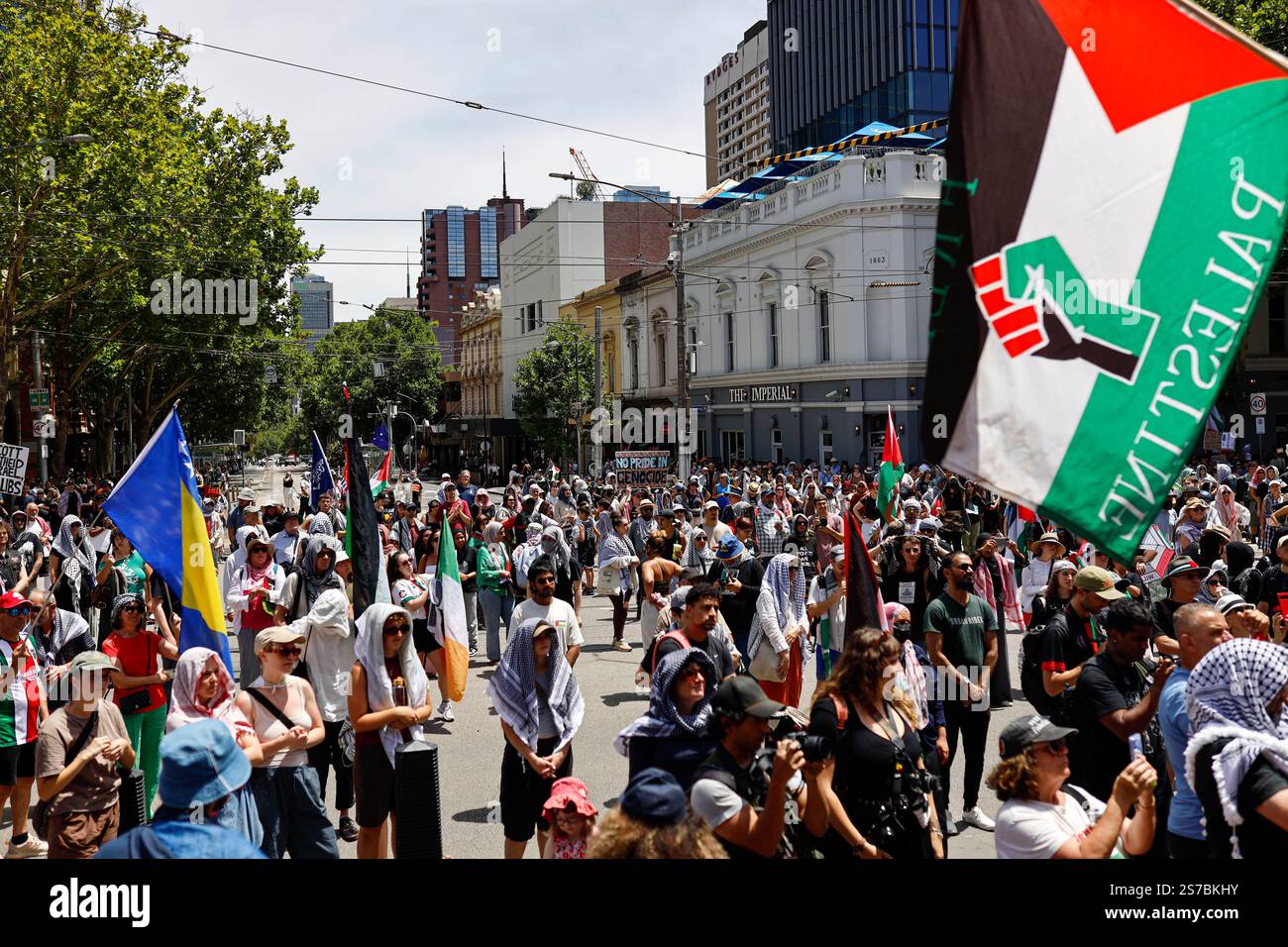 Melbourne, Australia. 19th Jan, 2025. Demonstrators call for justice and solidarity with Gaza as ...