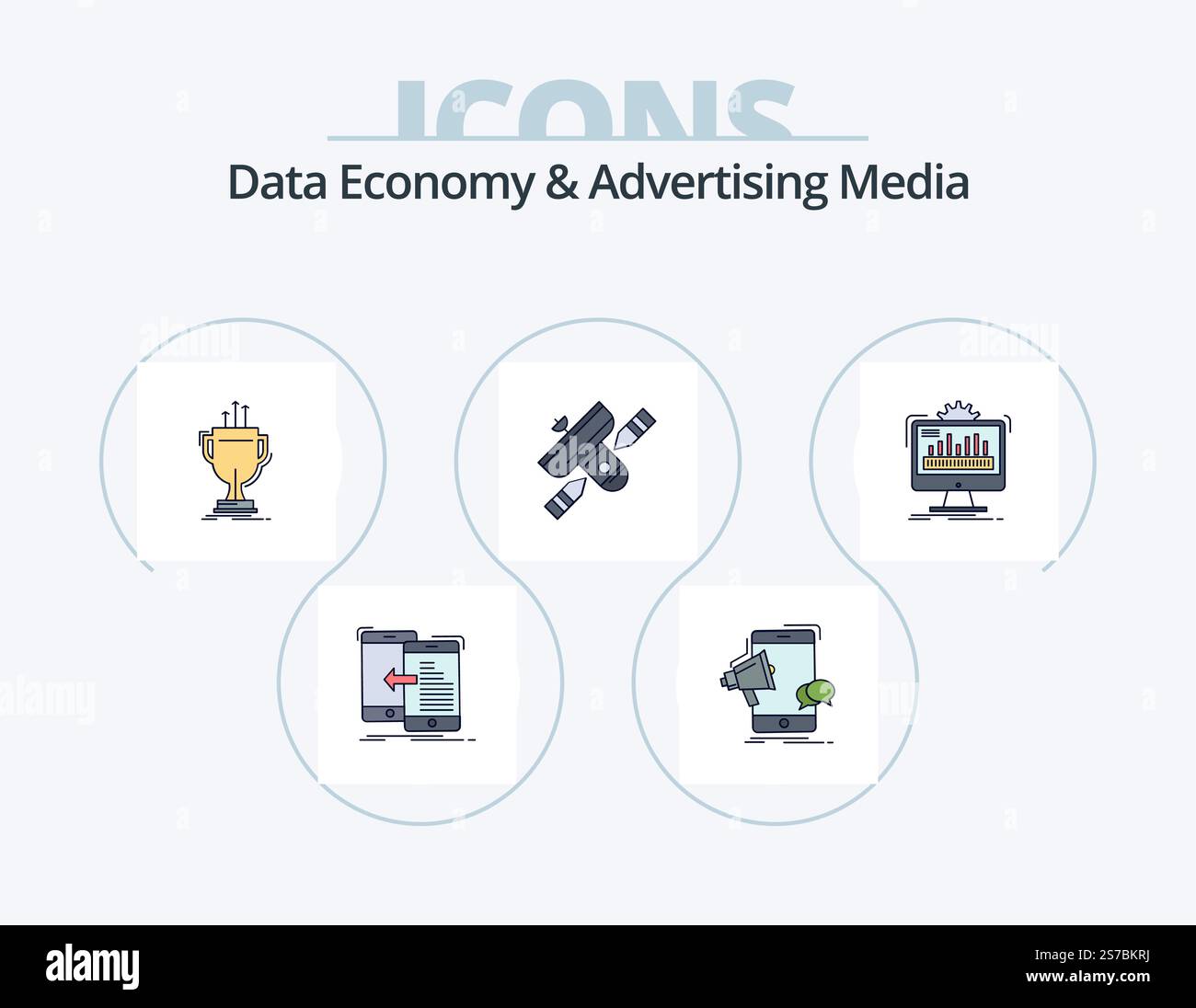 Data Economy And Advertising Media Line Filled Icon Pack 5 Icon Design ...