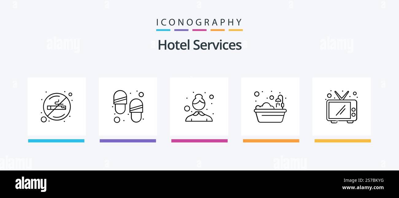 Hotel Services Line 5 Icon Pack Including tag. key. bath. passenger ...