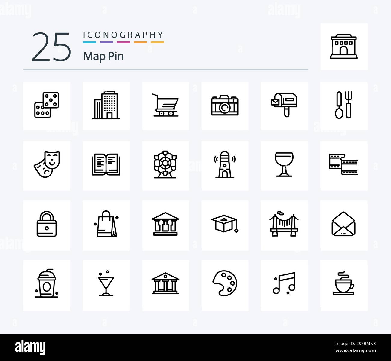 Map Pin 25 Line icon pack including dish. cutlery. trolley. shopping ...