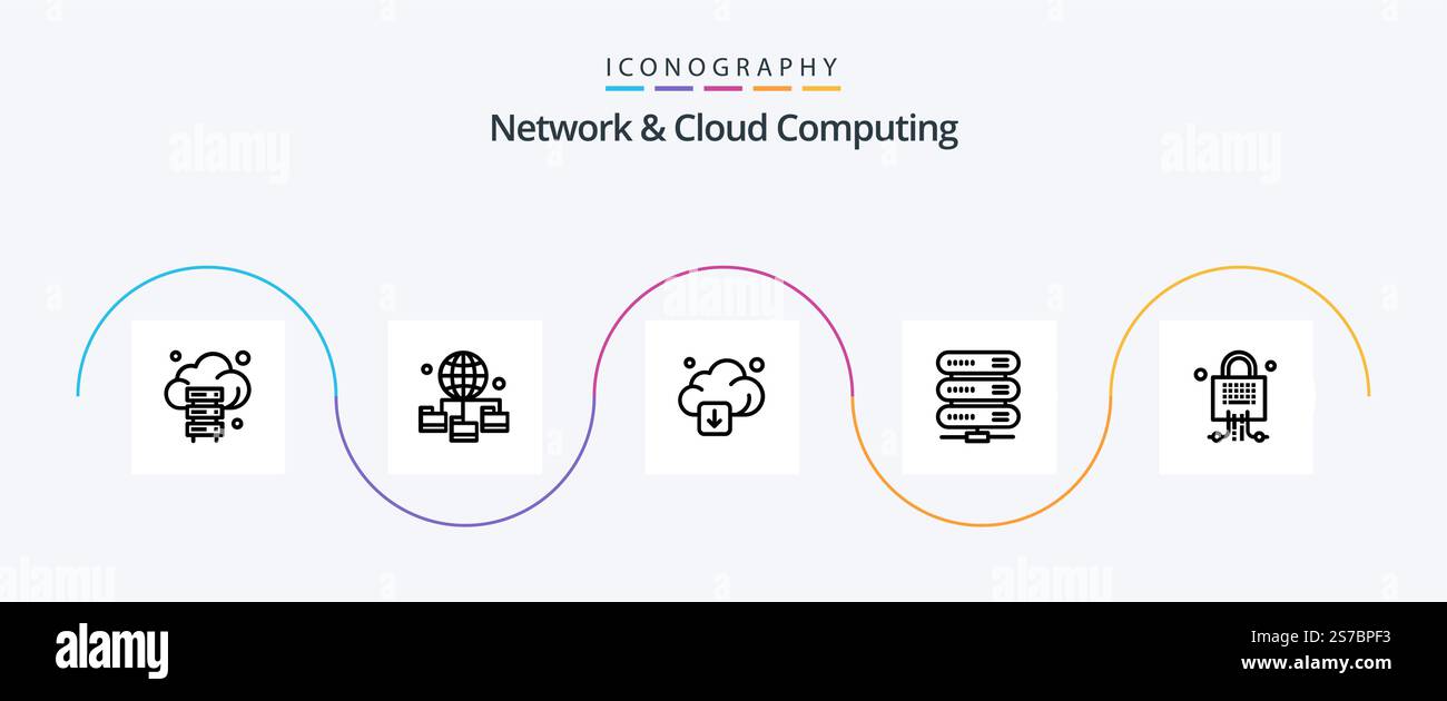 Network And Cloud Computing Line 5 Icon Pack Including locked. storage. cloud. network ...