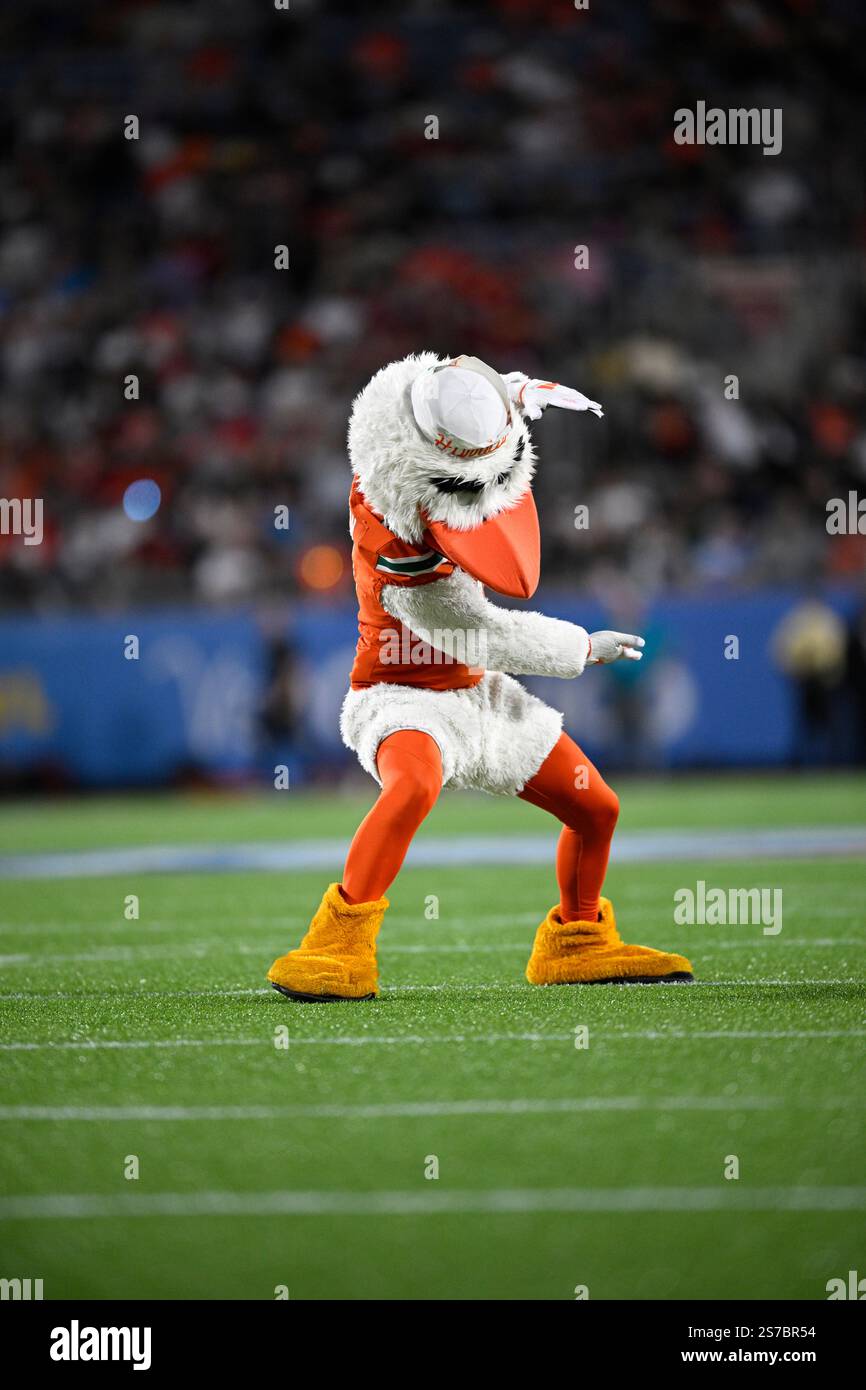 Miami mascot Sebastian the Ibis performs on the field after a score ...