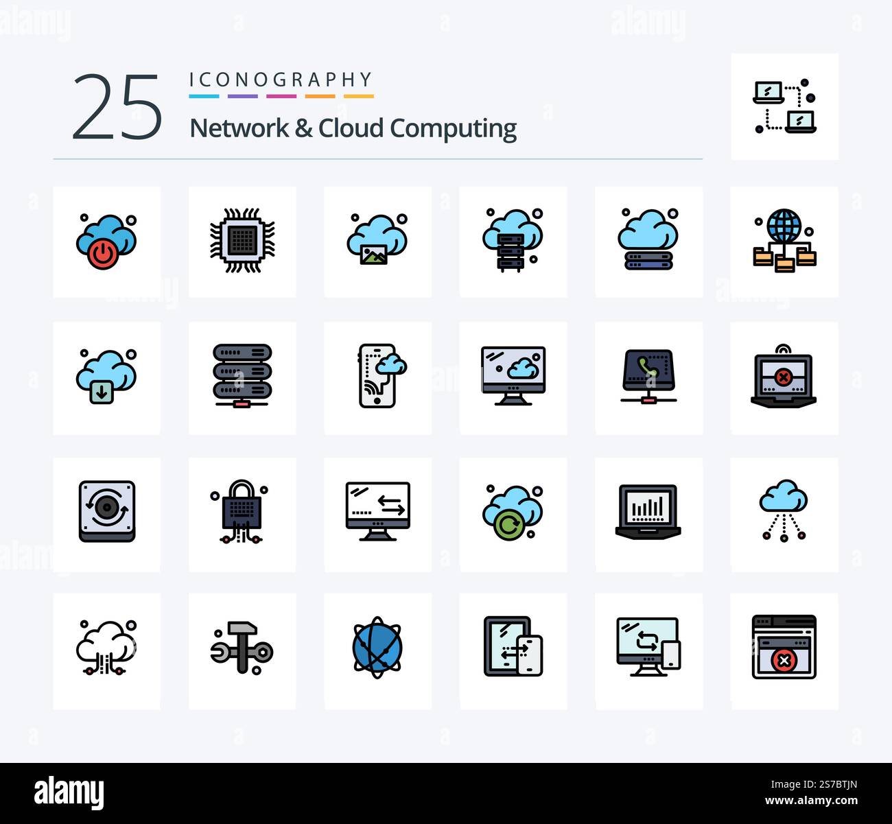 Network And Cloud Computing 25 Line Filled icon pack including connection. technology. cloud ...