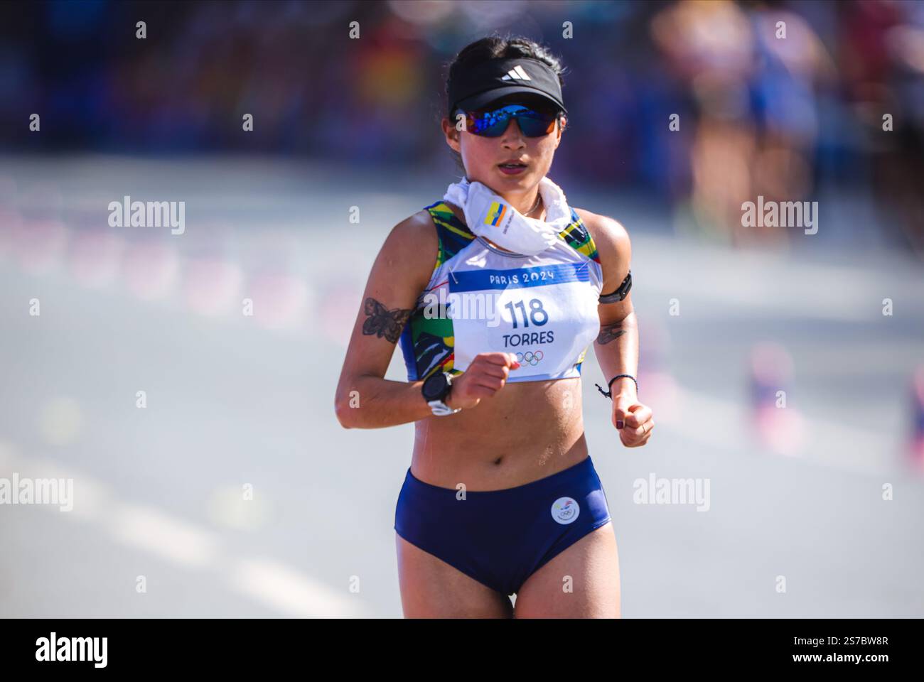 Paula Milena Torres participating in the 20 Kilometer Race Walk at the Paris 2024 Olympic Games ...