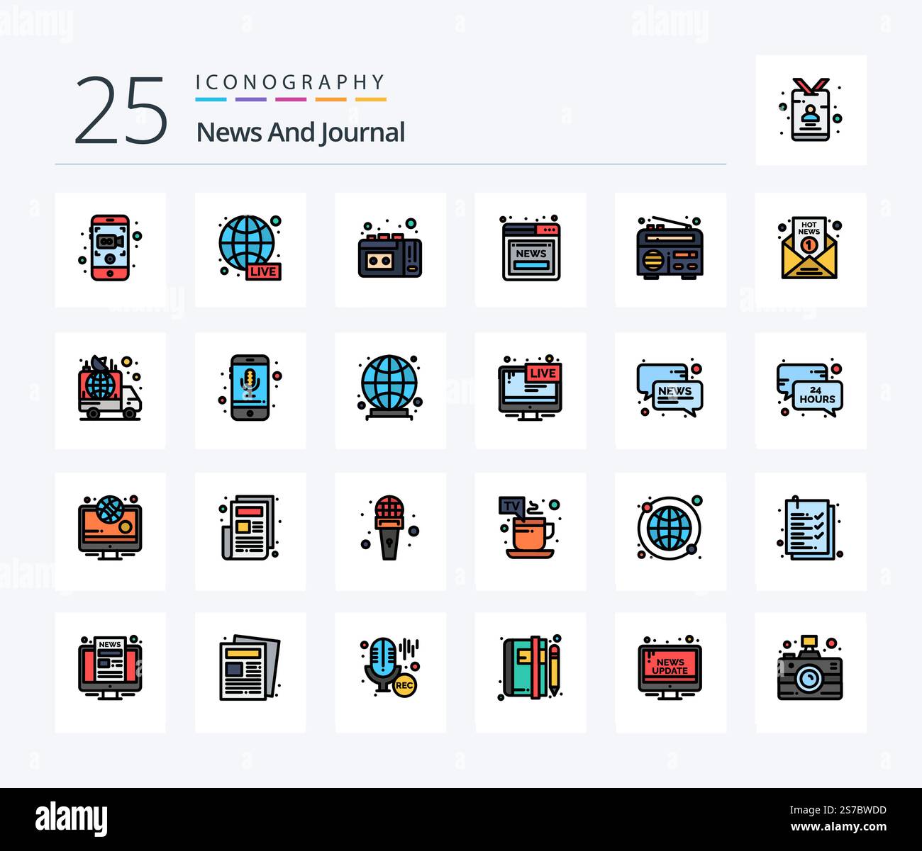 News 25 Line Filled icon pack including radio. frequency. tape recording. web. news Stock Vector ...