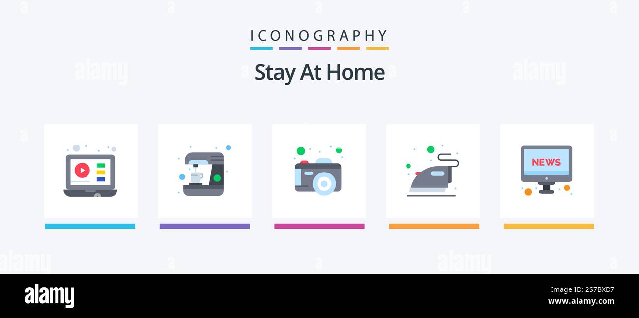 Stay At Home Flat 5 Icon Pack Including tv. news. camera. steaming ...