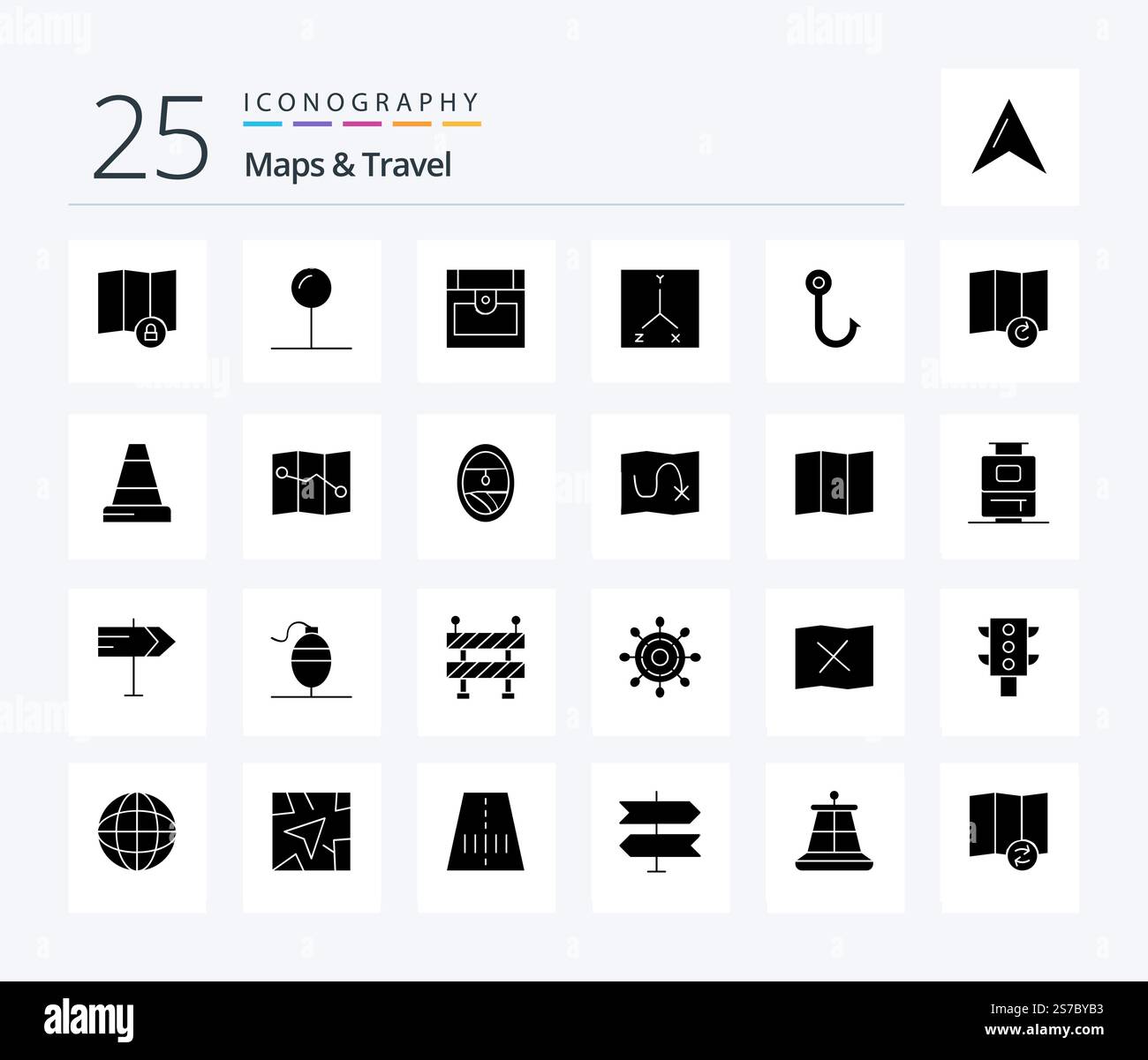 Maps & Travel 25 Solid Glyph icon pack including cone. map. treasure ...