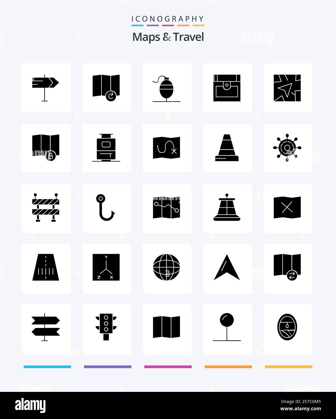Creative Maps & Travel 25 Glyph Solid Black icon pack Such As bag. lock ...