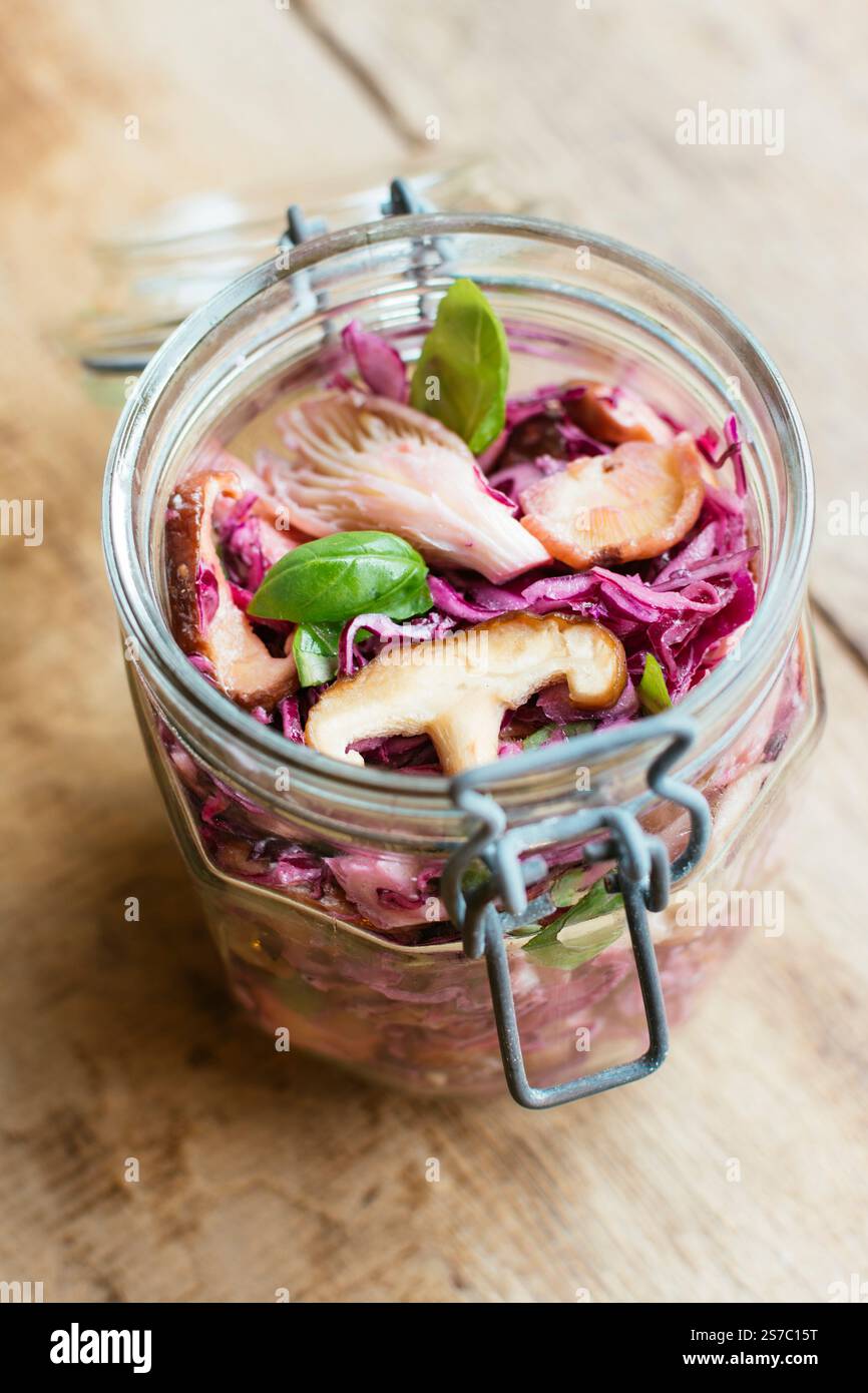 Preserving jar of red cabbage salad with mushrooms and yogurt dressing ...