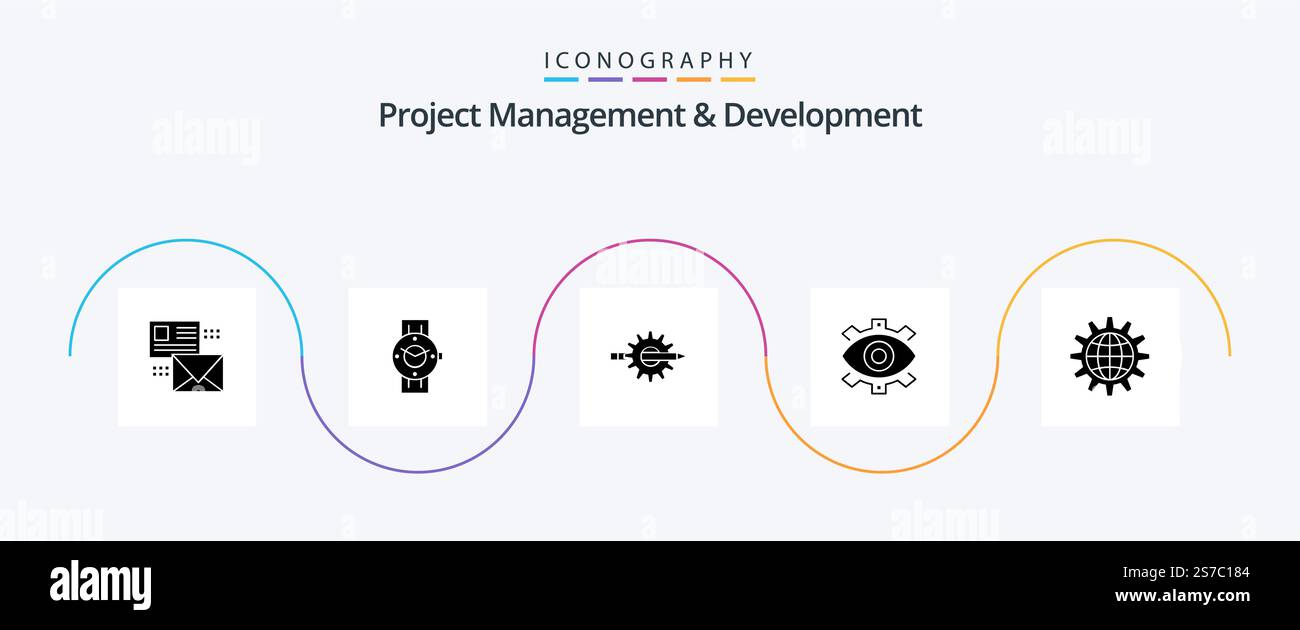 Project Management And Development Glyph 5 Icon Pack Including creative. production. phone. gear ...