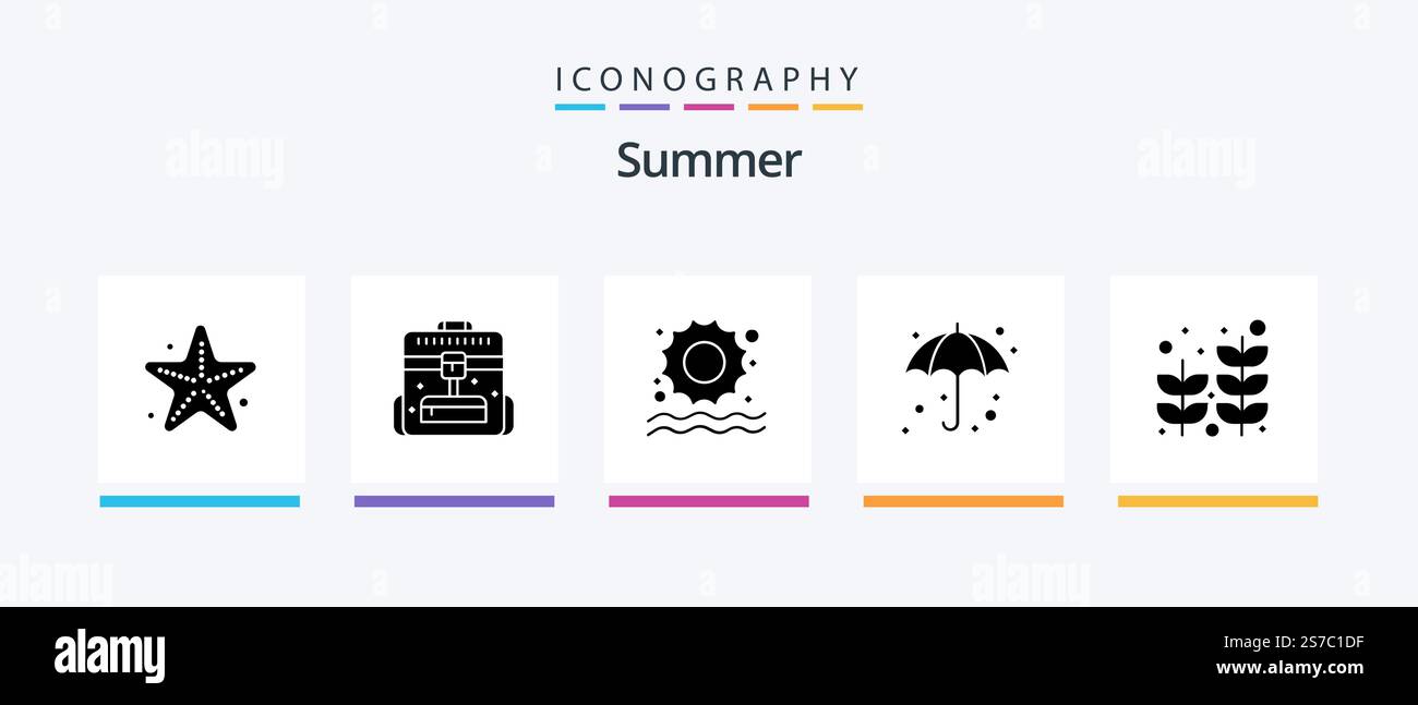 Summer Glyph 5 Icon Pack Including plant. beach. beach. wet. umbrella ...