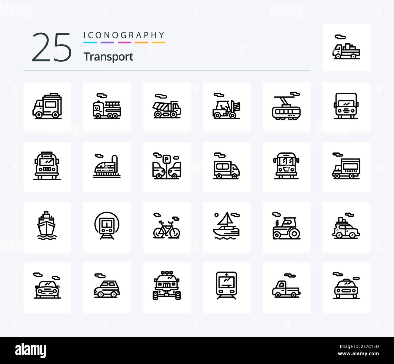 Transport 25 Line icon pack including van. transport. outline. auto ...