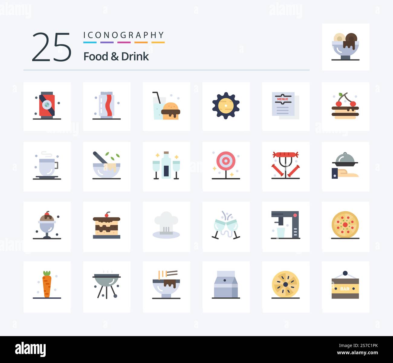 Food And Drink 25 Flat Color icon pack including . drink. soda. cap ...