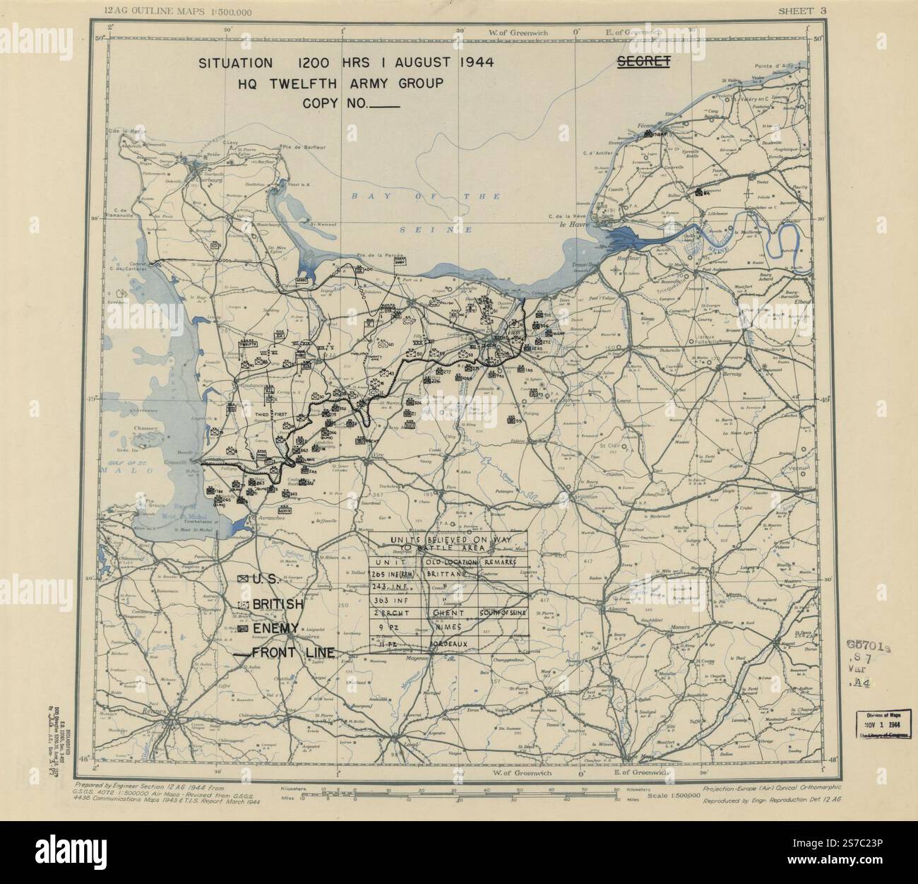 [August 1, 1944], HQ Twelfth Army Group situation map. 1944 by Allied ...