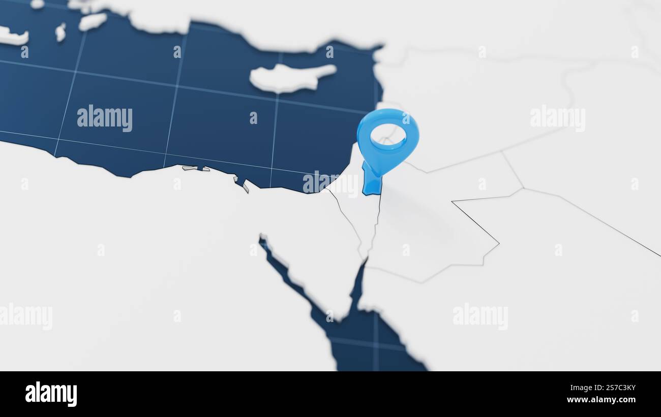 Blue Palestine 3d map with pointer pin surrounded with other countries ...