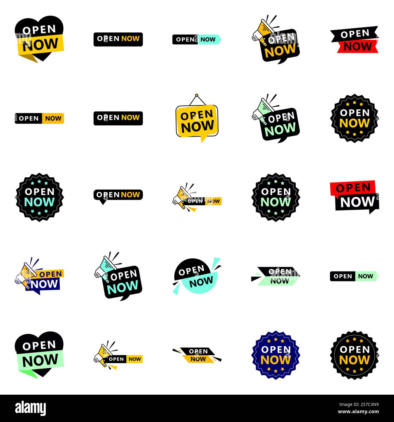 Open now banner pack 25 unique designs for your business Stock Vector ...