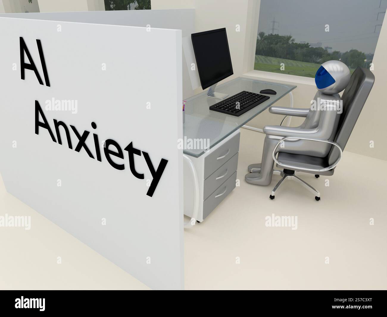 3d illustration of a symbolic robot in a work station, with the script ...