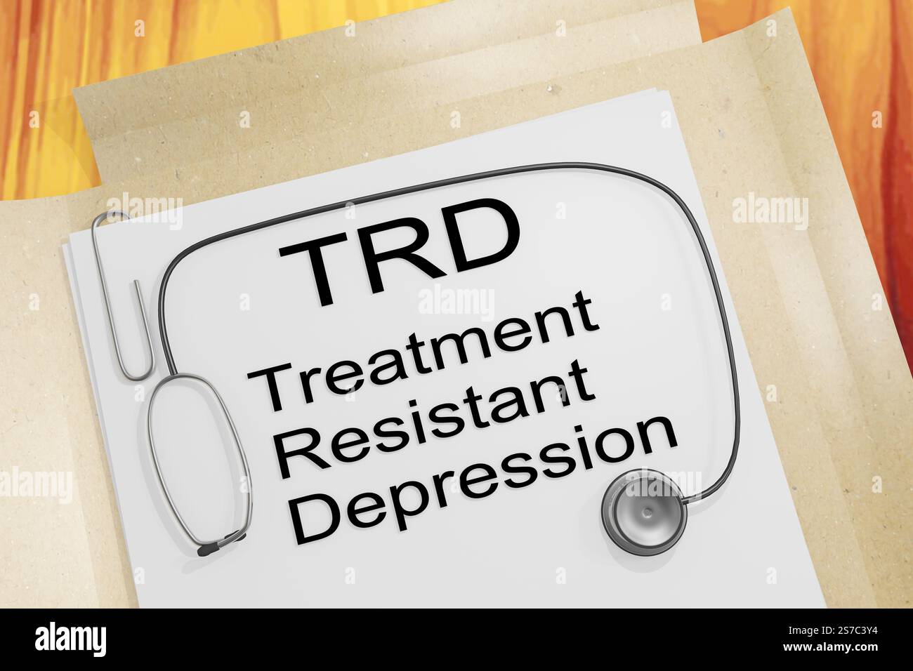 3D illustration of a medical document, titled TRD Treatment Resistant ...