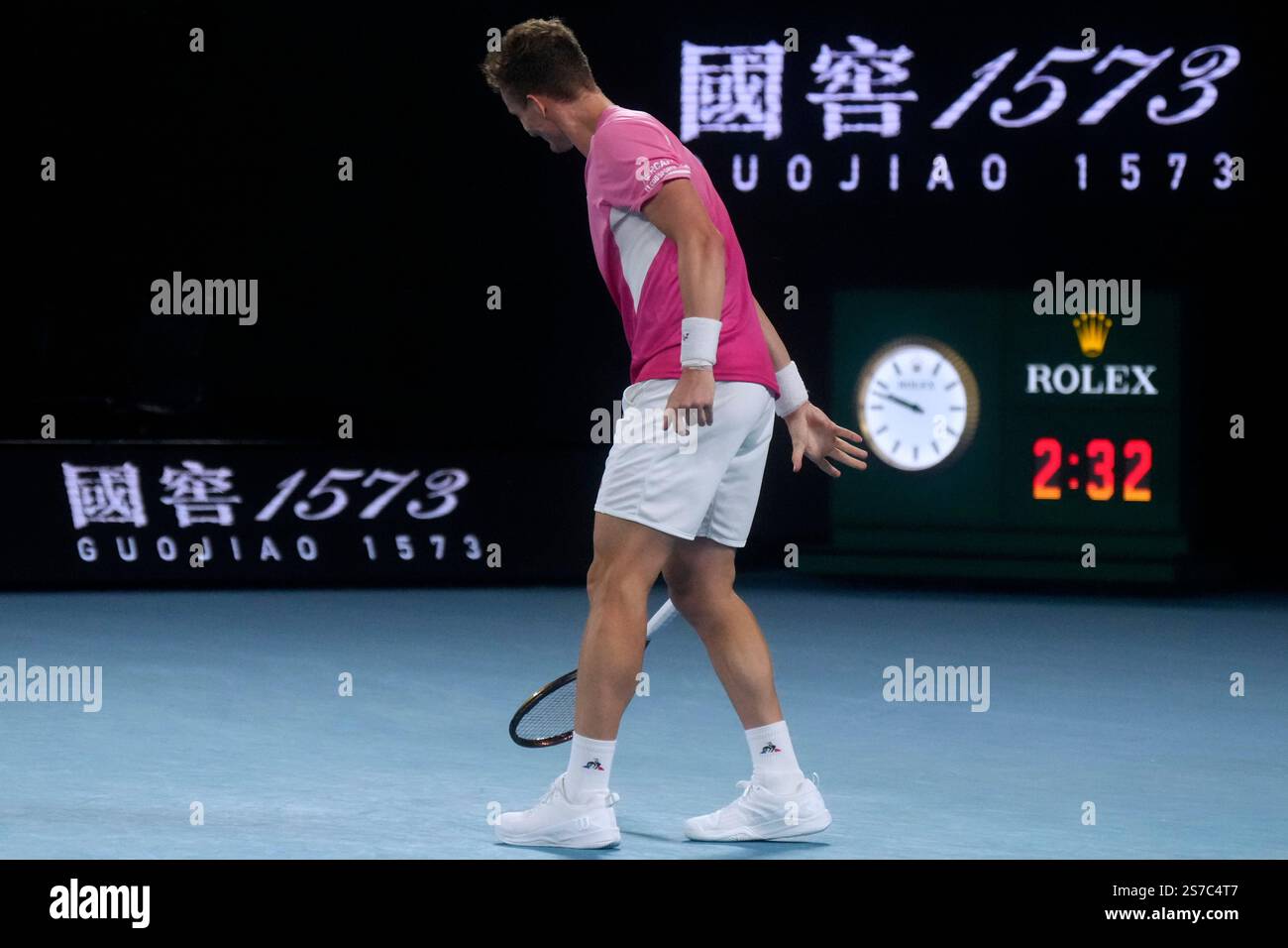 Jiri Lehecka of the Czech Republic throws his racket during a fourth ...