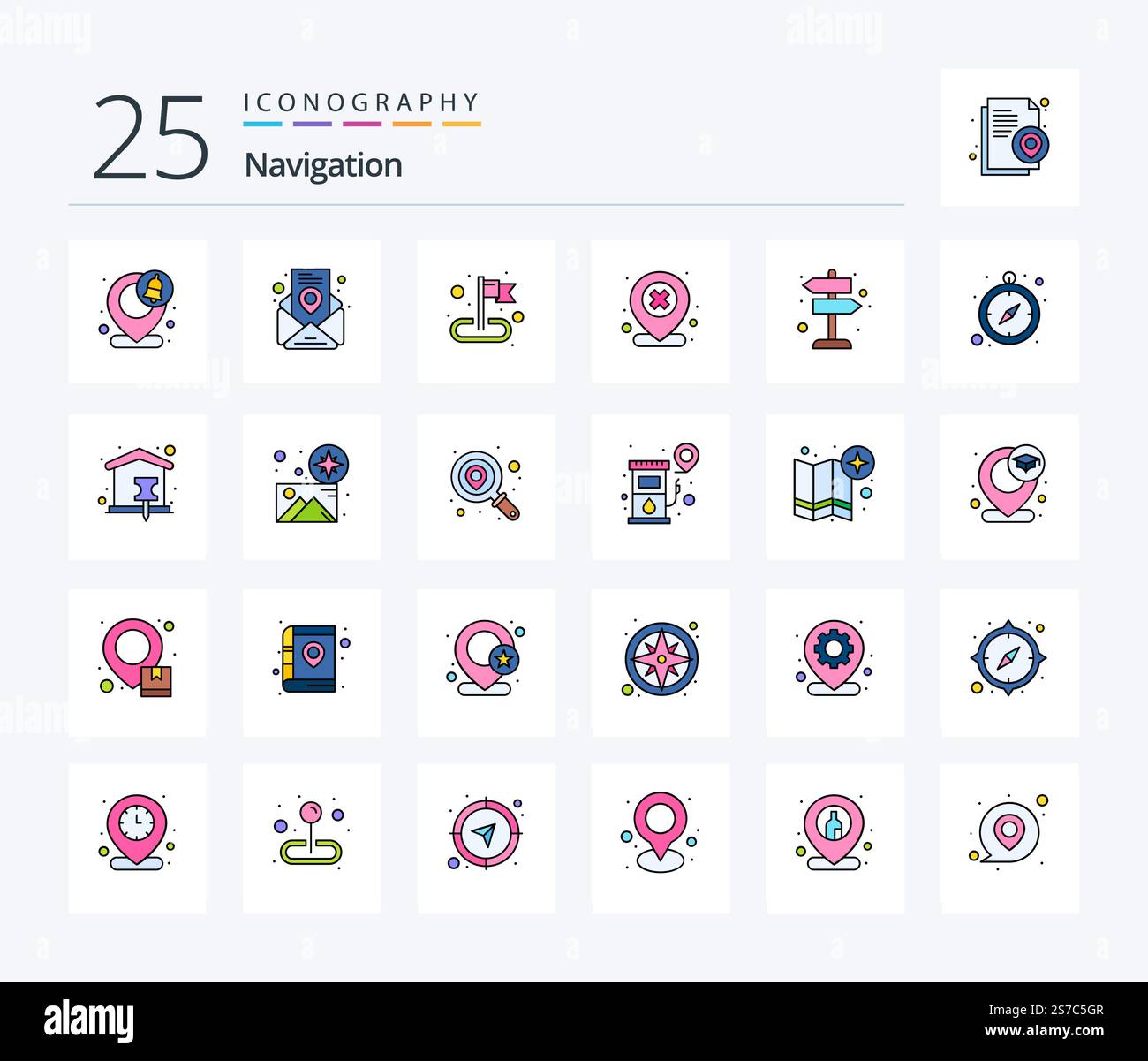 Navigation 25 Line Filled icon pack including sign. cross. destination. delete. map Stock Vector ...