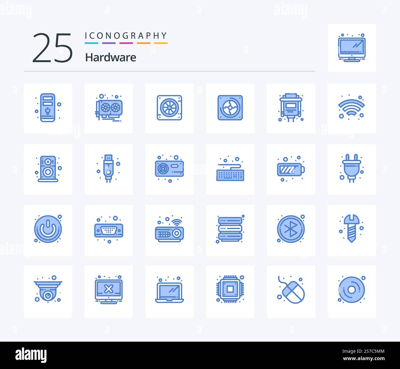 Hardware 25 Blue Color icon pack including vga. cable. cooler. fan ...
