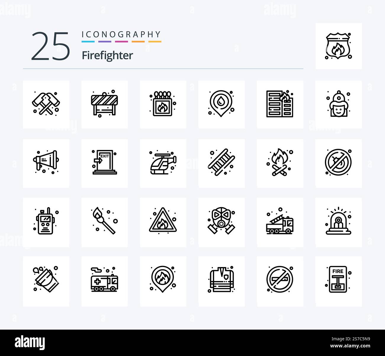 Firefighter 25 Line icon pack including flame. burning. fire. location ...