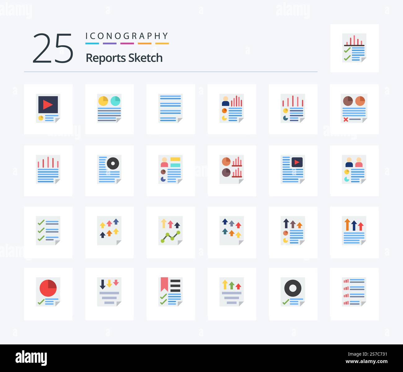 Reports Sketch 25 Flat Color icon pack including page. data. pie ...