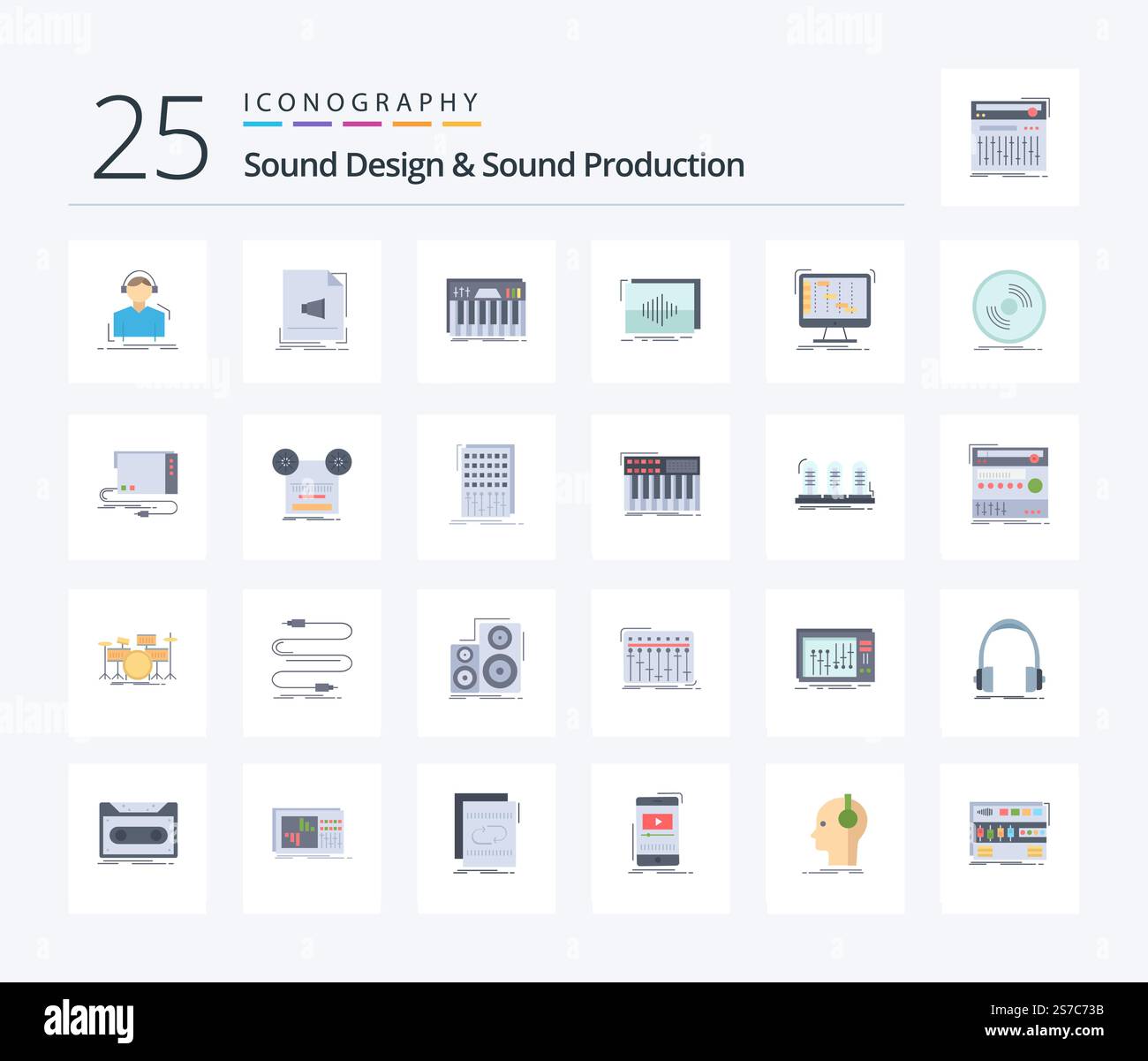 Sound Design And Sound Production 25 Flat Color icon pack including ...