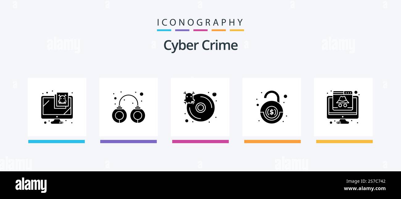 Cyber Crime Glyph 5 Icon Pack Including computer. robbery. database ...