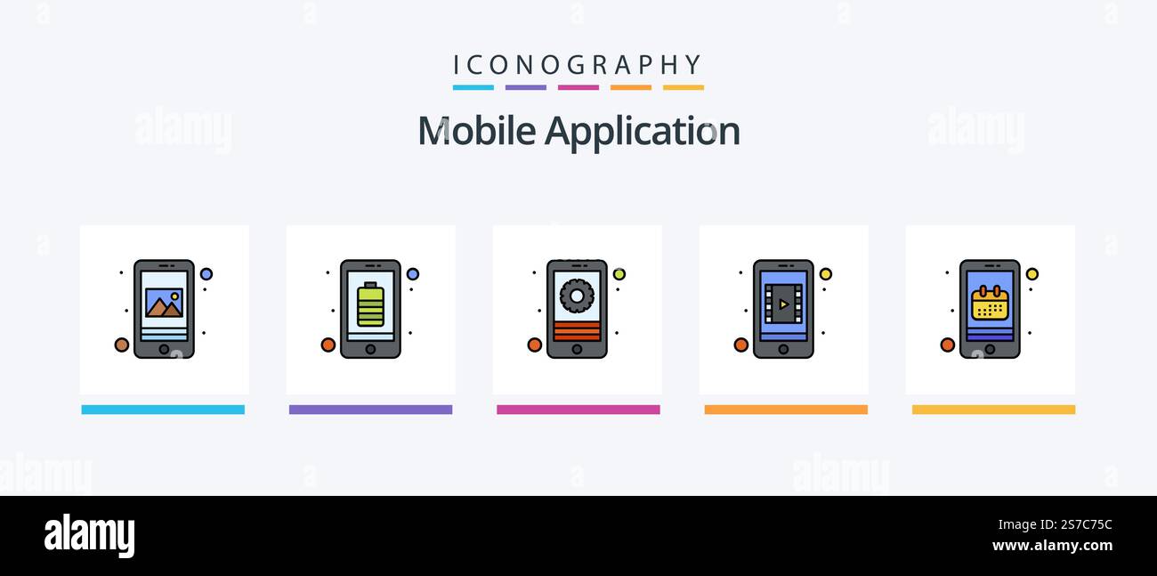 Mobile Application Line Filled 5 Icon Pack Including Mobile Navigation Alarm Location App
