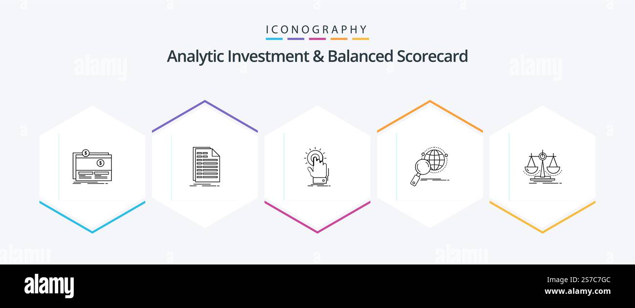 Analytic Investment And Balanced Scorecard 25 Line icon pack including magnifier. global ...
