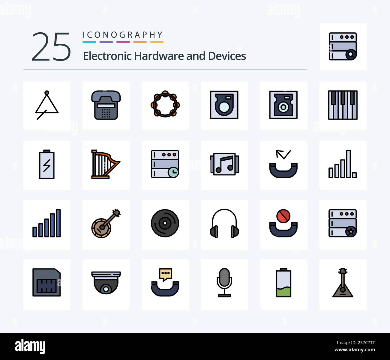 Devices 25 Line Filled icon pack including hard. disk. device. tambourine. music Stock Vector ...