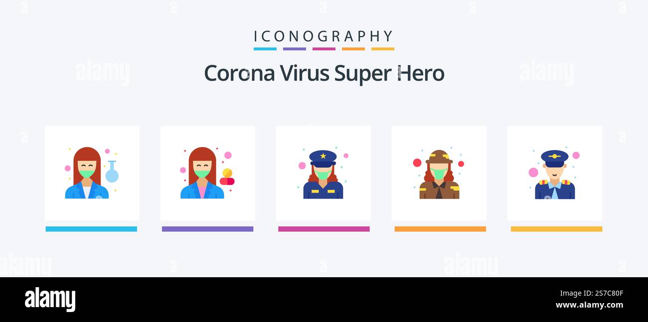 Corona Virus Super Hero Flat 5 Icon Pack Including female. military ...