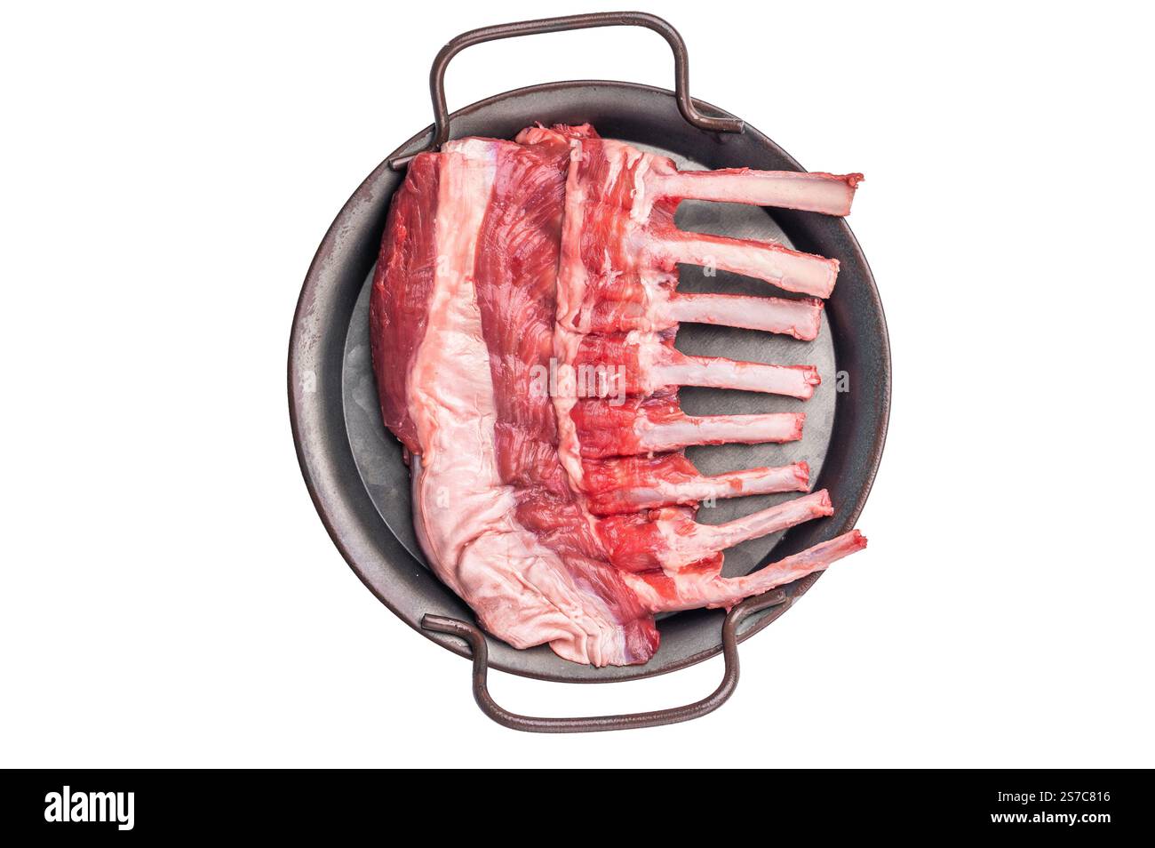 Fresh rack of lamb, raw mutton meat for chops steaks on steel tray ...