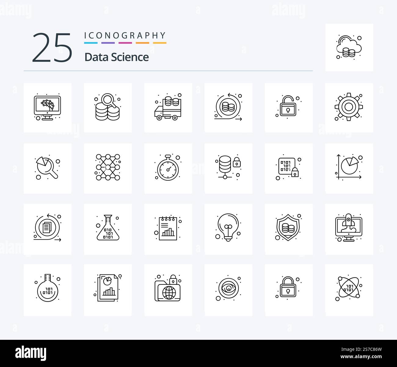 Data Science 25 Line icon pack including unlock. locker. big data. data ...