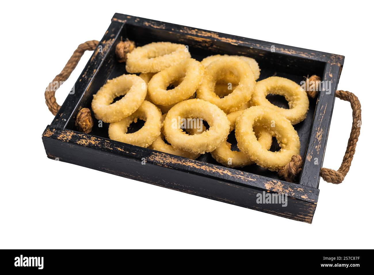 Raw and frozen squid rings with breading, uncooked calamari snack ...
