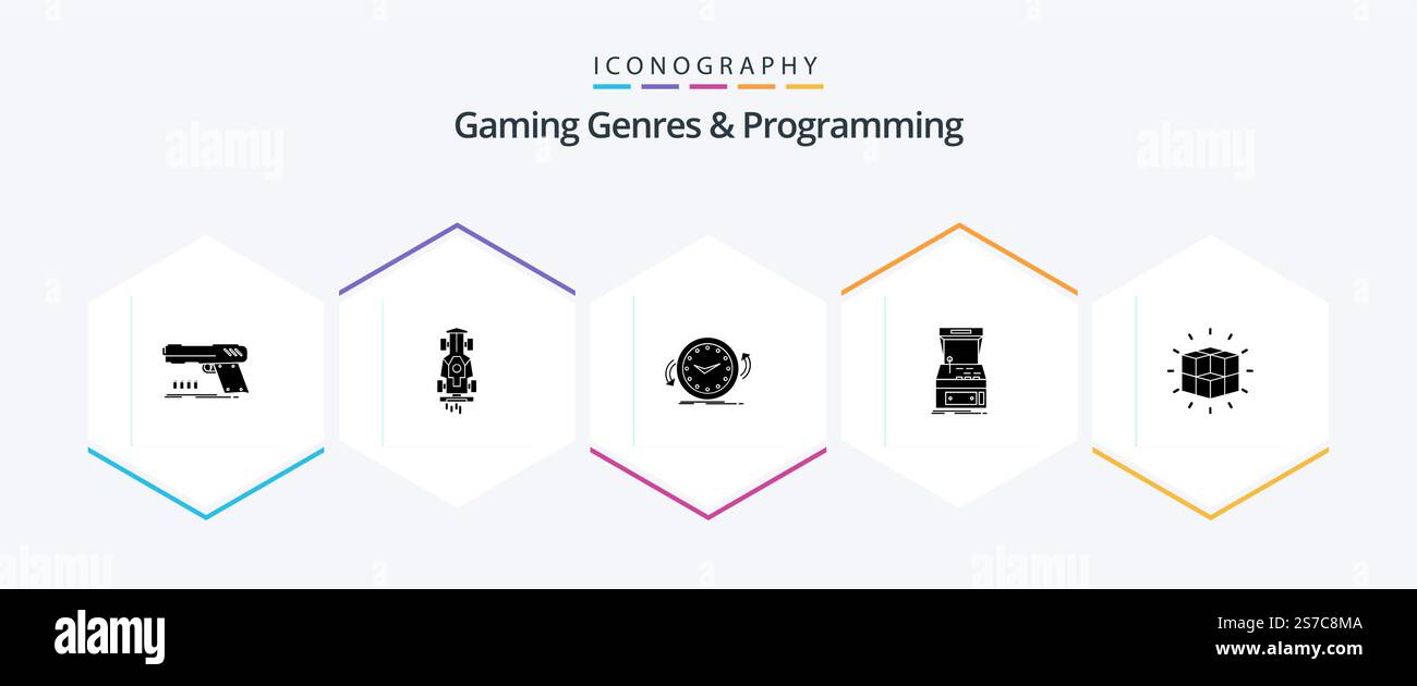 Gaming Genres And Programming 25 Glyph icon pack including game. arcade. racing. time. clockwise ...