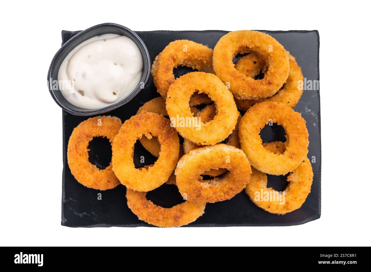 Deep fried squid rings with breading, calamari fastfood snack isolated ...