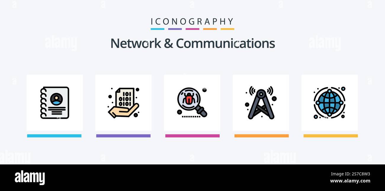 Network And Communications Line Filled 5 Icon Pack Including user. contacts. business. coding ...