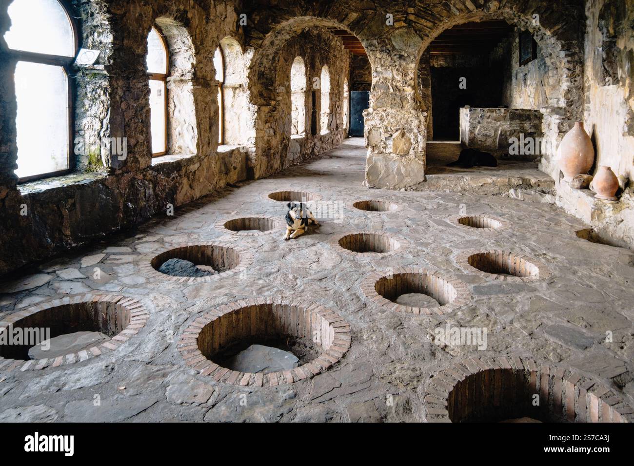 Ancient wine cellar at Nekresi Monastery, Georgia. Traditional qvevri ...