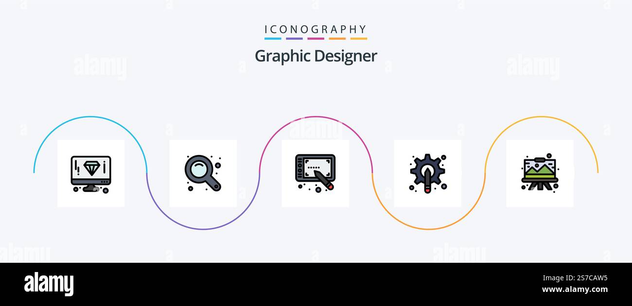 Graphic Designer Line Filled Flat 5 Icon Pack Including drawing. gear ...