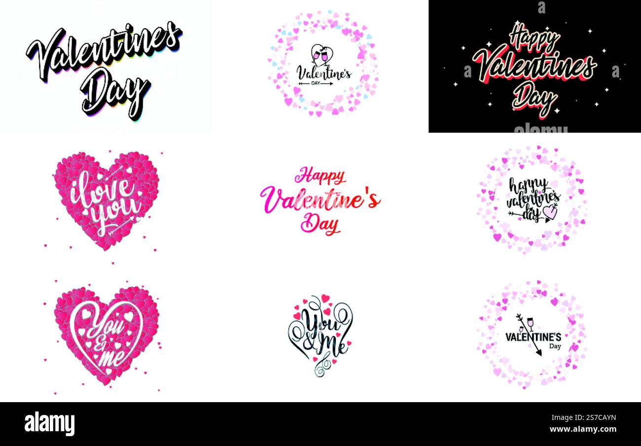 Hand-drawn black lettering Valentine’s Day and pink hearts on white ...