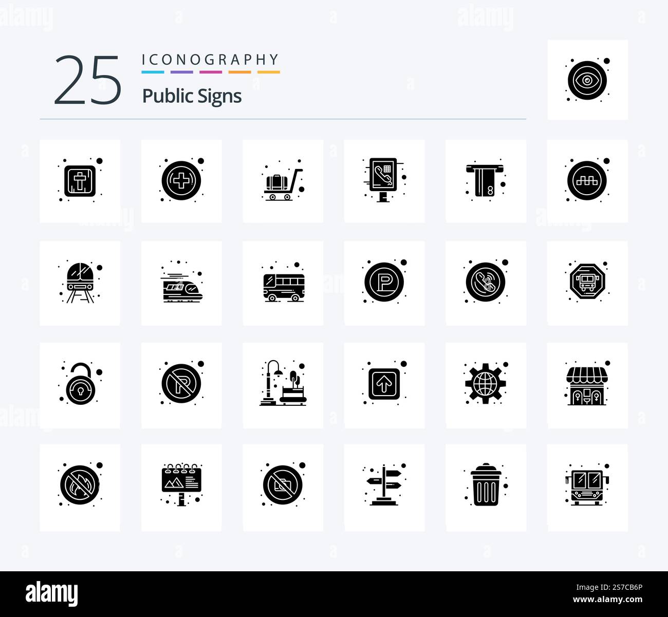 Public Signs 25 Solid Glyph icon pack including public. money. trolley ...