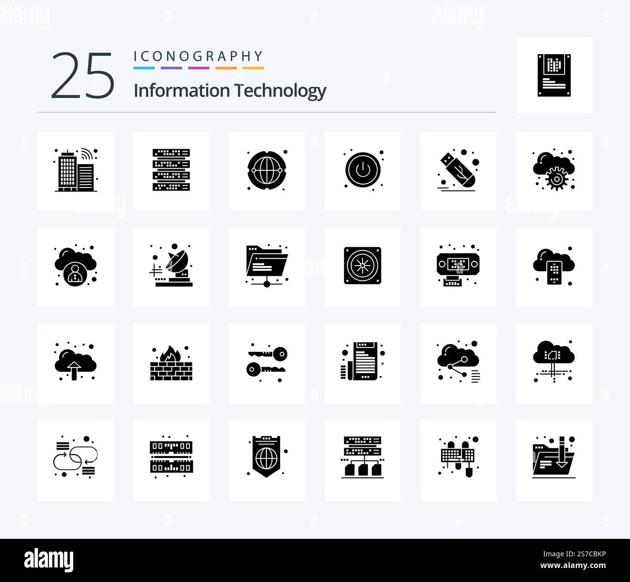 Information Technology 25 Solid Glyph icon pack including cloud. stick. internet. flash. switch ...